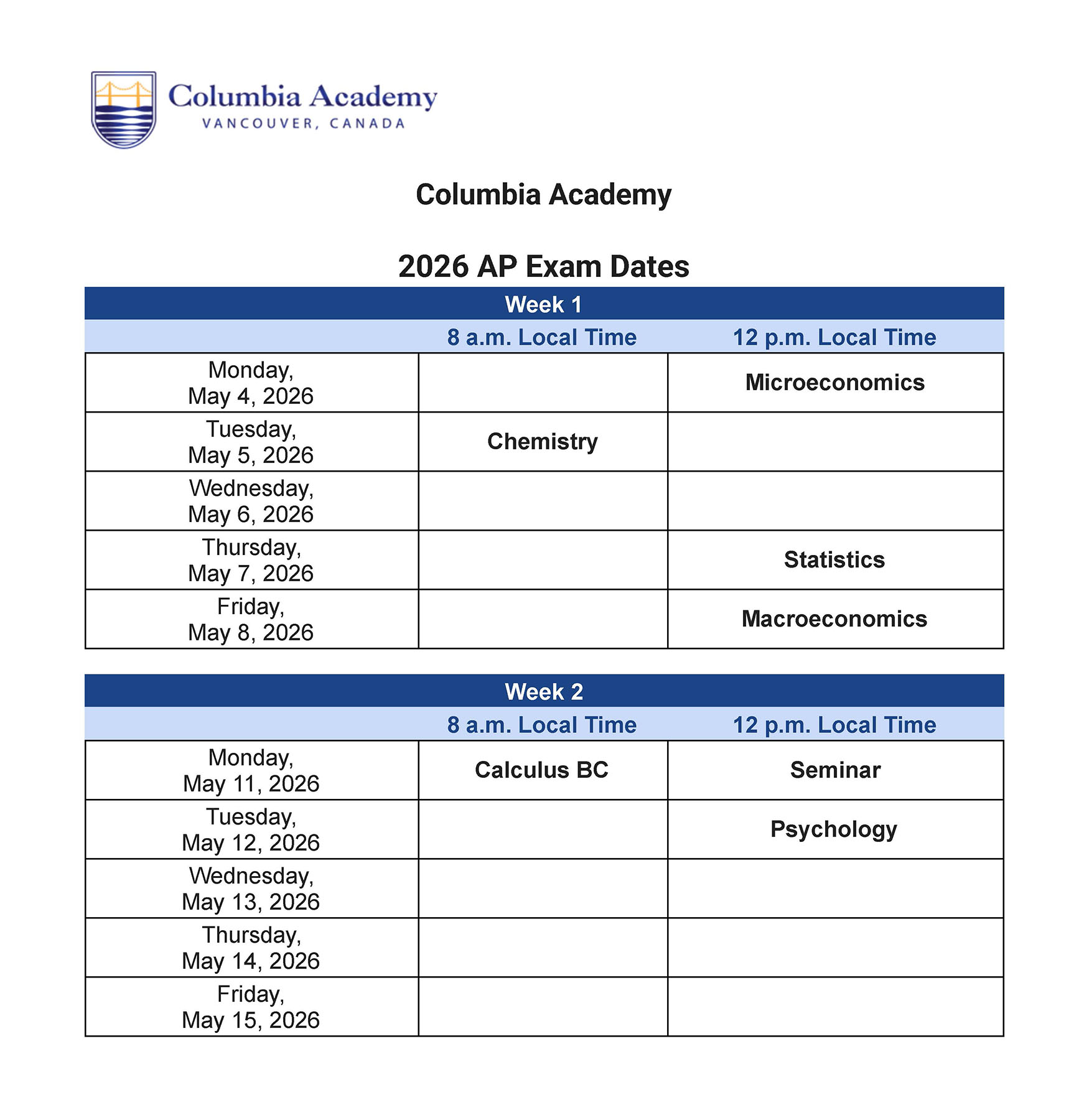 AP Program - Columbia Academy | K - 12 Independent School | Vancouver ...